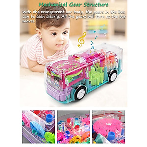 Miracland Transparent Mechanical Gear Bus, Transparent Gear Car Toy Concept Racer Toy Electronic Vehicle Toy Universal Wheel Car Toy STEM Car Toy with Lights and Music (Bus)