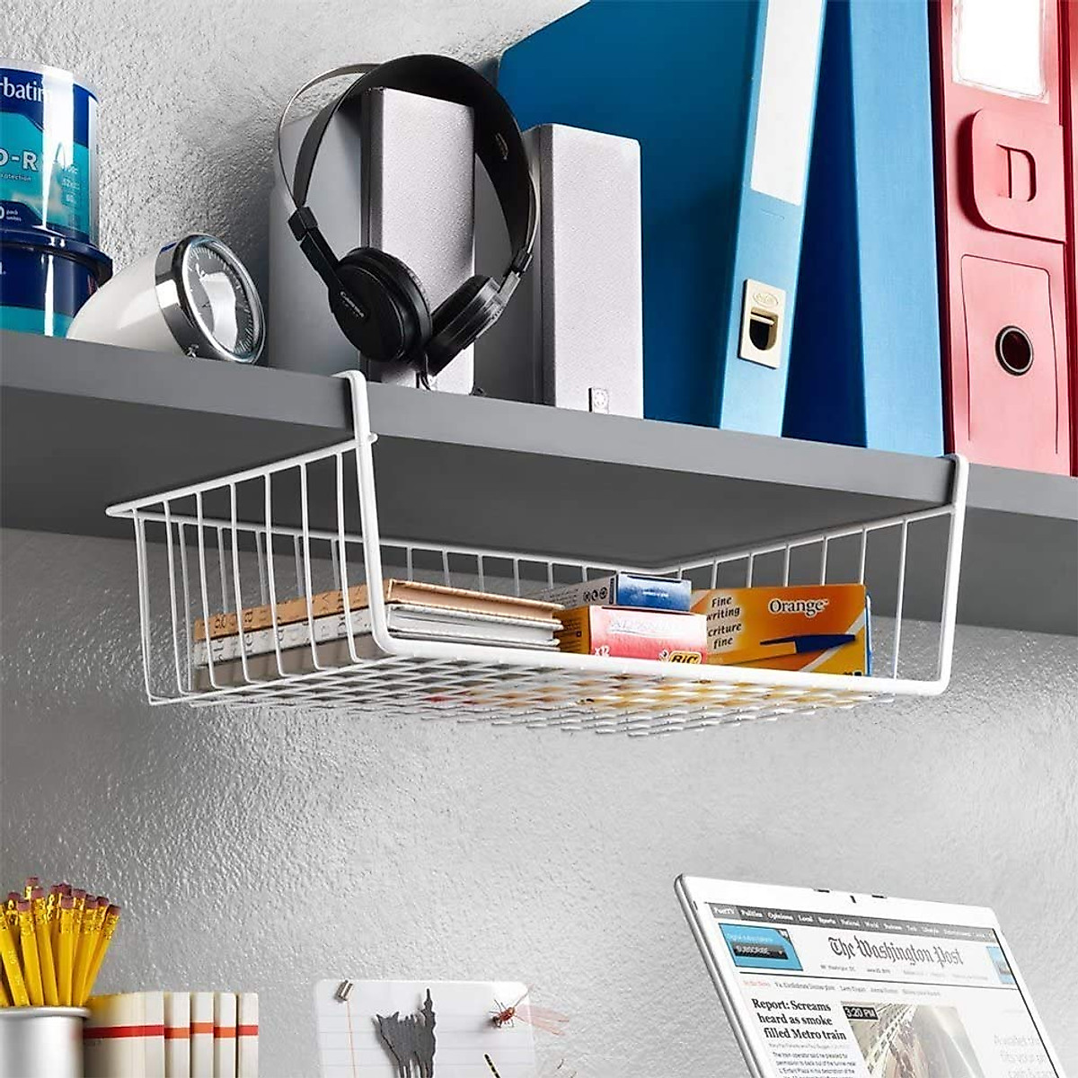 Modern Home Cabinet Wire Hanging Basket Shelves - Space Saving Under Shelf Storage Organizer (Set of 2 15")