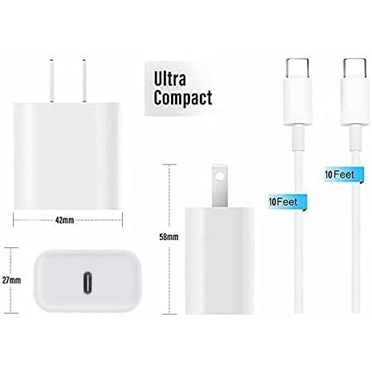 iPad Charger, USB-C Fast Charger, for Apple iPad 10th Gen,iPad Pro 12.9 2021/20/18, iPad Pro 11 Gen 3/2/1, iPad Air 4th, iPad Mini 6,Wall Charger Plug Block with 10FT Type-C to C Charging Cable