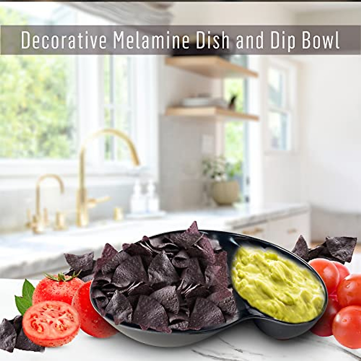 LUSHIG Chip and Dip Serving Set Melamine Tray Divided Platters (Black)