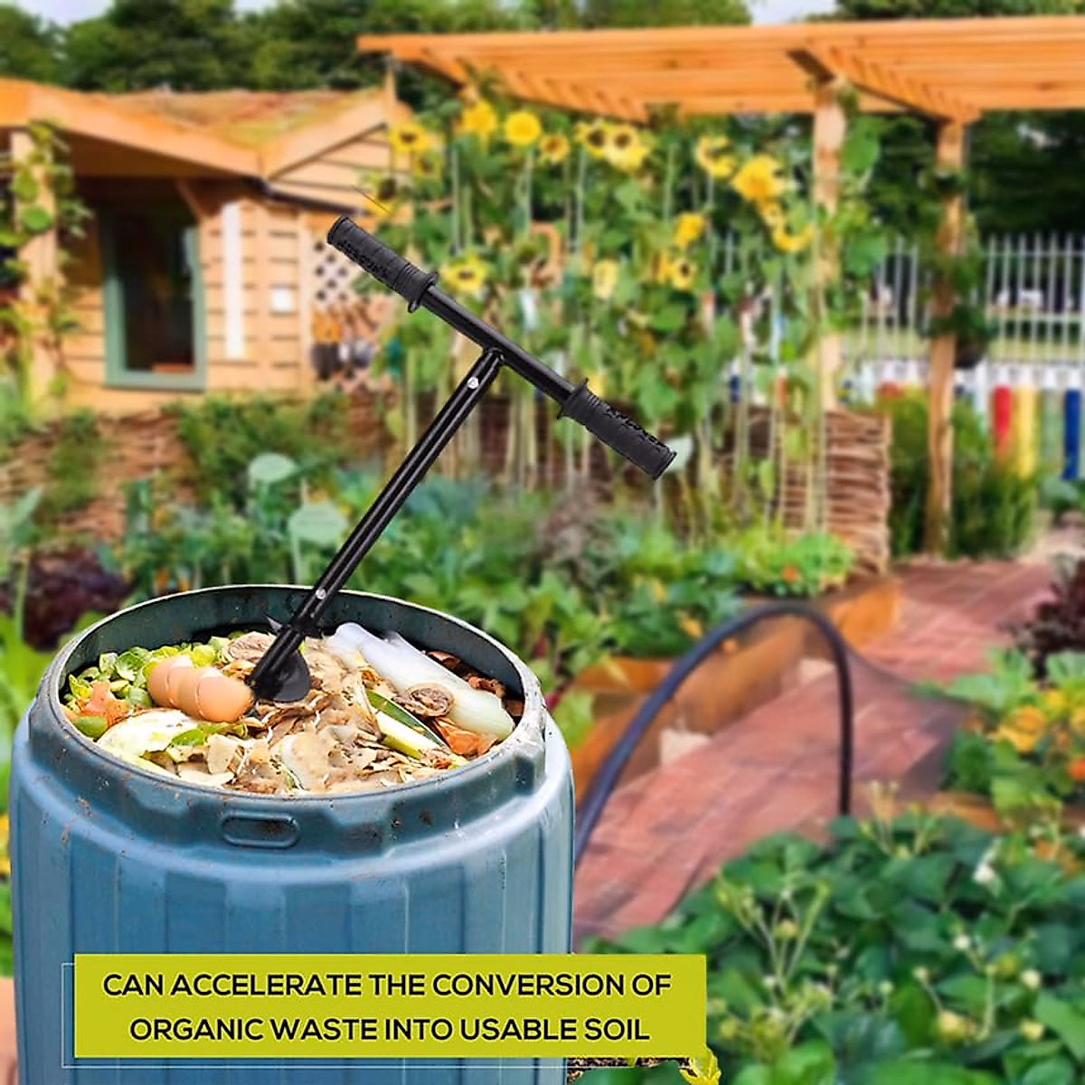 Compost Turning Tool Compost Stirring Tool,Compost Turning Bar 33.4inch,Manual Compost Aerator Tool Turner and Mixing Tool for Outdoor Compost Tumbler Bins,Composting Accessories (Black-33.4IN)