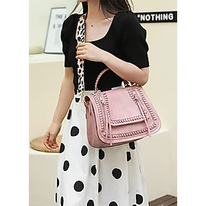 HANDAFA Convertible Satchel Handbag Woven Leopard Shoulder Hnadbag Crossbody With Gituar Strap For Women(Pink)