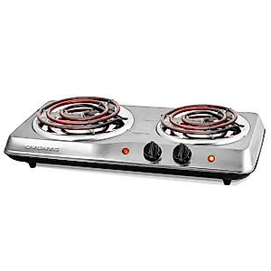 OVENTE Electric Countertop Double Burner, 1700W Cooktop with 6" and 5.75" Stainless Steel Coil Hot Plates, 5 Level Temperature Control, Indicator Lights and Easy to Clean Cooking Stove, Silver BGC102S