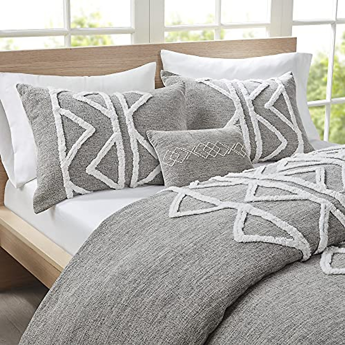 INK+IVY Hayes 100% Cotton Comforter Mid Century Modern Design Chenille Tufted All Season Bedding Set, Matching Shams, Decorative Pillow, Full/Queen, Yarn Dyed Gray 4 Piece