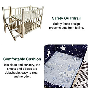 HYDT Double-Layer Wooden Pet Dog Bed with Bedding, All Seasons Elevated Pet Cot with Stairs & Guardrail, for Small Medium Dogs Cats