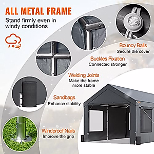 VEVOR Carport 10x20ft, Car Canopy Portable Garage, Heavy Duty Car Port with Roll-up Ventilated Windows & Removable Sidewalls, UV Resistant Waterproof All-Season Tarp for SUV, F150, Car, Truck, Boat