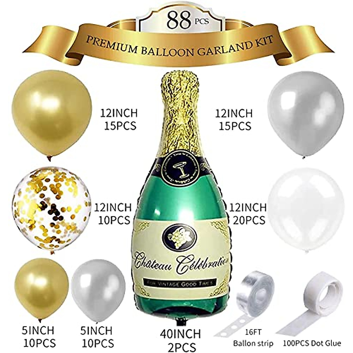 Champagne Balloon Garland Arch Kit, Gold Silver Clear Balloons for Birthday Wedding Baby Shower Bachelorette Anniversary Party Decorations, Happy New Year Years Decorations 2023