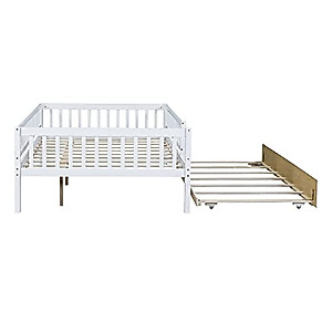 Vierniya Kid Bed with Fence and Trundle Full Size Trundle Bed with Rails, Wooden Toddler Daybed Montessori Bed for Boys Girls, White
