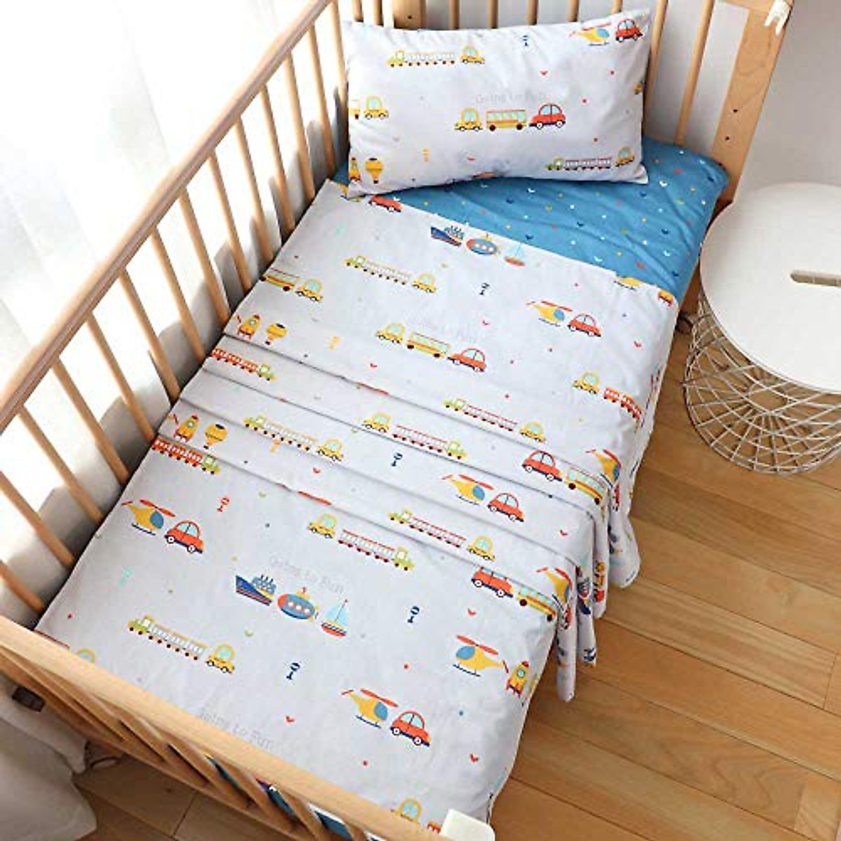3 Piece 100% Cotton Toddler Sheet Pillowcase Set for Boys and Girls,Include Fitted Sheet,Top Sheet and Envelope Pillowcase,Cute Cartoon Pattern,Soft Skin-Friendly Breathable(Car)