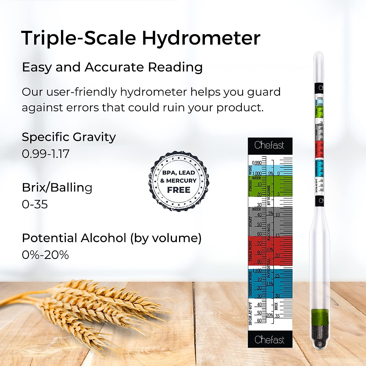 Chefast Triple-Scale Hydrometer Kit with Plastic Test Jar for Wine, Beer, Mead and Kombucha - Alcohol Tester, Hydrometer Alcohol, ABV, Brix and Gravity Tester - Home Brewing Supplies, 0-200 Proof