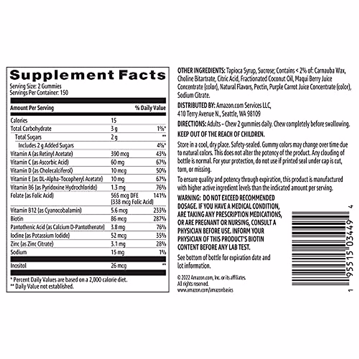 Amazon Basics Adult Multivitamin for Men & Women, 300 Gummies with Vitamins A, C, D, E, B-6 and B-12, 150 Count (Pack of 2) (150 Day Supply) (Previously Solimo)