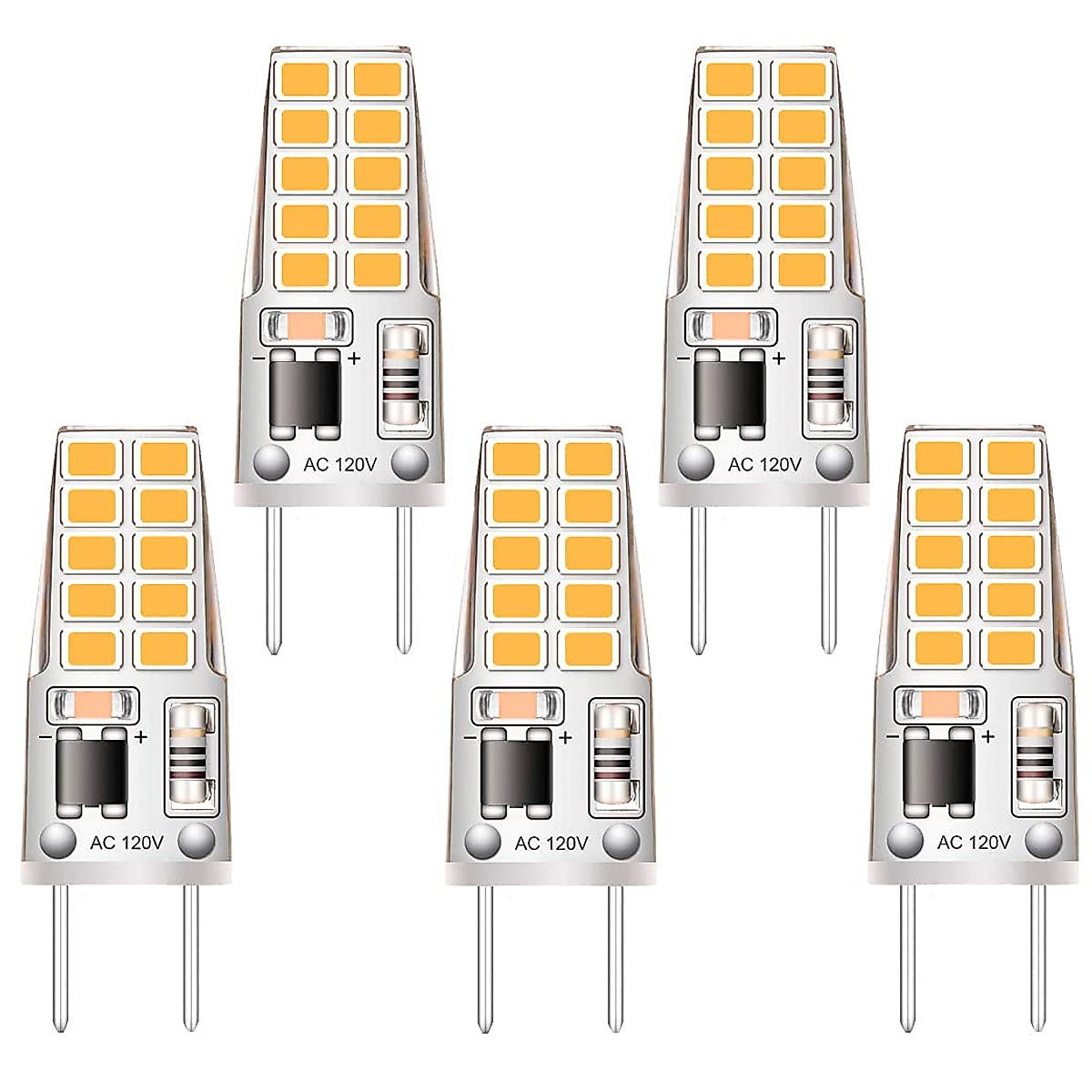 Kapata 5 Pack G8 LED Bulb Soft White 2700K 120V 3W Equivalent to G8 Halogen Bulb 35W T4 JCD Type GY8.6 Bi-Pin Base, Non-dimmable for Under Cabinet Light, Under Counter Kitchen Lighting