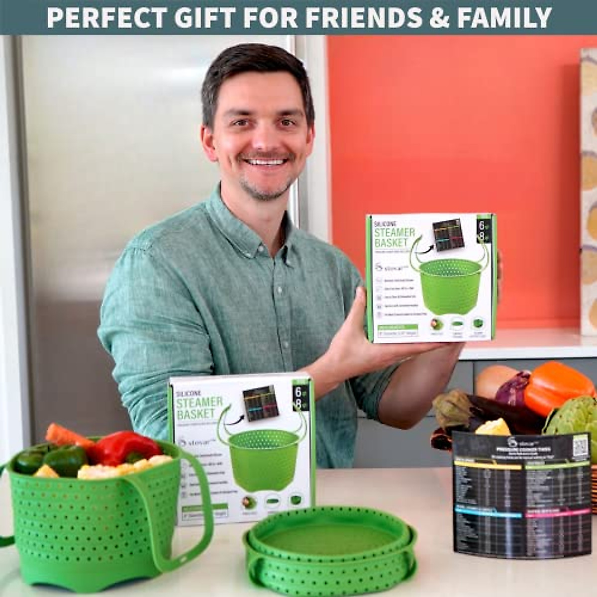 Silicone Steamer Basket For 6QT Instant Pot, Ninja Foodi, Other Pressure Cookers [3qt & 8qt avail] - Multiuse Silicone Strainer Steam Basket - Vegetable Steamer Basket for Pot & Pressure Cooker, Green