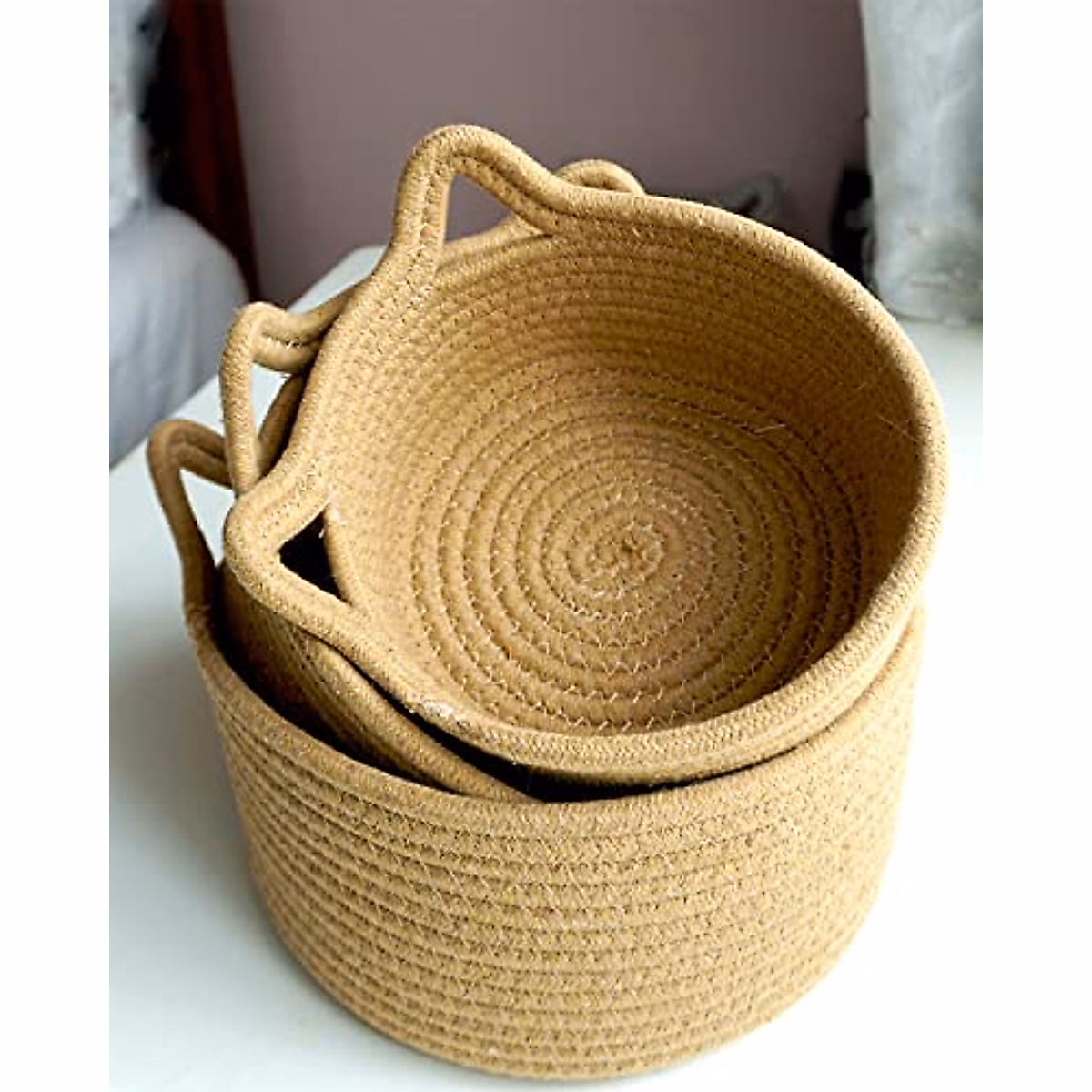 Small Woven Baskets | Mini Storage Bins | Cotton Rope Baby Nursery Organizers | Cute Round Cat Ears Basket for Organizing Desk Decor Kids Toy Dog Cat Baby Girls Gifts-Set of 3(Beige)