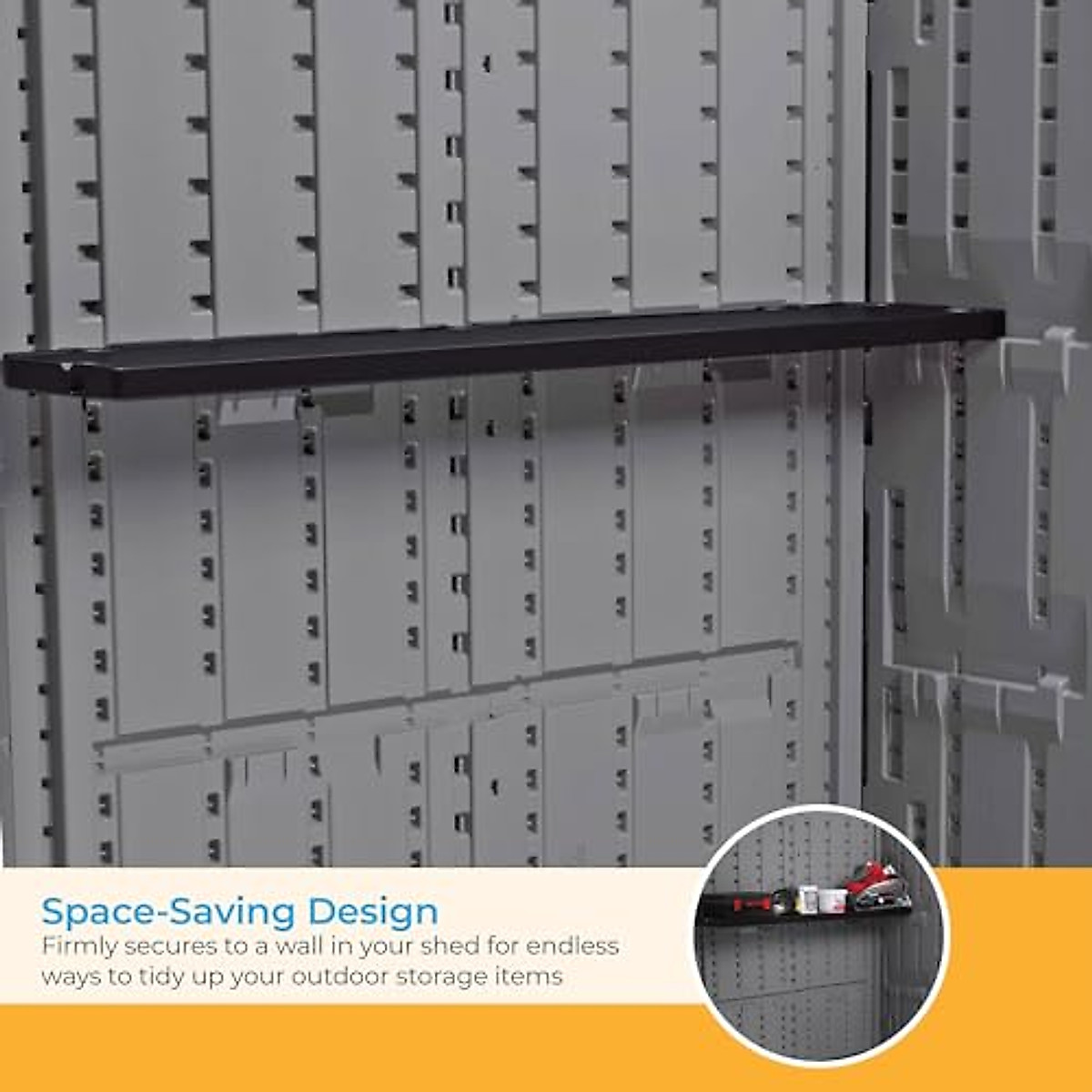 Suncast Horizontal and XL Vertical Shed Shelf Kit, Space-Saving Shelf for Outdoor Storage Sheds, 67" W x 10.25" D x 1.25" H, Black, BMSASHELFH2