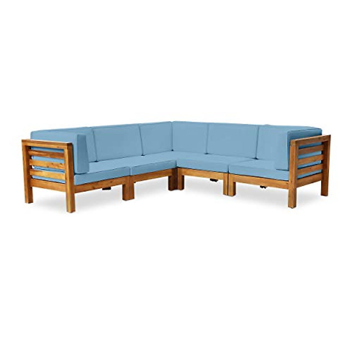 Great Deal Furniture Dawson Outdoor V-Shaped Sectional Sofa Set - 5-Seater - Acacia Wood - Outdoor Cushions - Teak and Blue