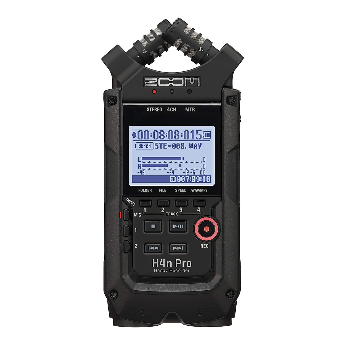 Zoom H4n Pro 4-Track Portable Recorder, All Black, Stereo Microphones, 2 XLR/ ¼“ Combo Inputs, Battery Powered, for Stereo/Multitrack Recording of Music, Audio for Video, and Podcasting