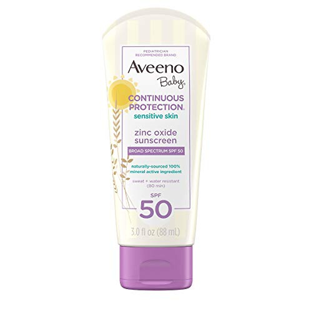 Aveeno Baby Continuous Protection Zinc Oxide Mineral Sunscreen Lotion for Sensitive Skin with Broad Spectrum SPF 50, Tear-Free, Sweat- & Water-Resistant, Travel-Size, 3 fl. Oz
