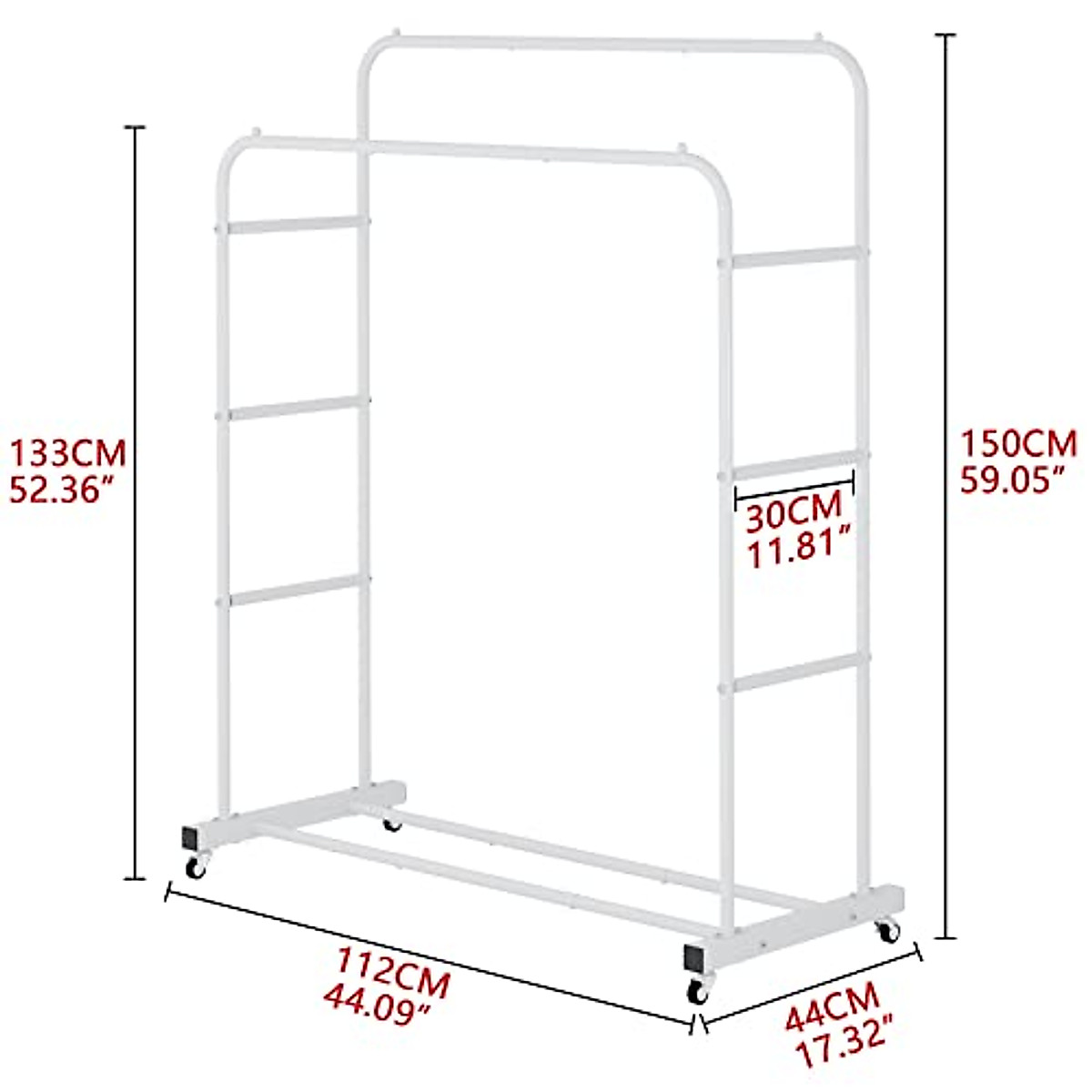 Laiensia Double Rod Garment Rack,Portable Rolling Clothes rack on Wheels,for Hanging Clothes,White