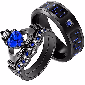2 Rings His and Hers Couple Rings Bridal Sets Black Gold Filled Heart Blue Cz Womens Wedding Ring Sets Man Titanium Band Mens Ring