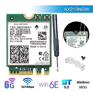 Wi-Fi 6E AX210NGW Wireless WiFi Card BT5.2 M.2 2230 Tri-Band Expands WiFi to 6GHz 160MHz 802.11ax ac MU-MIMO AX210 AX5400Mbps wifi 6E Network Card Better AX200NGW for PC Laptops Only for Windows 10 11