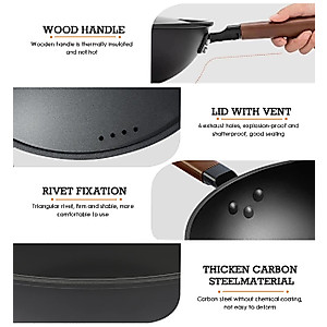 XIHEIMA 13 Inch Carbon Steel Wok Pan with Lid and Spatula,Wooden Cookwares Nonstick Woks ＆ Stir-Fry Pans,No Chemical Coated Flat Bottom Chinese Wok for Induction, Electric, Gas, Halogen, All Stoves