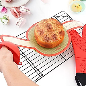 2 Pcs Silicone Baking Mat with Long Handle Reusable Baking Bread Pad for Dutch Oven Glass Fiber Bread Baking Sheet for Transfer of Dough (Red, 2)