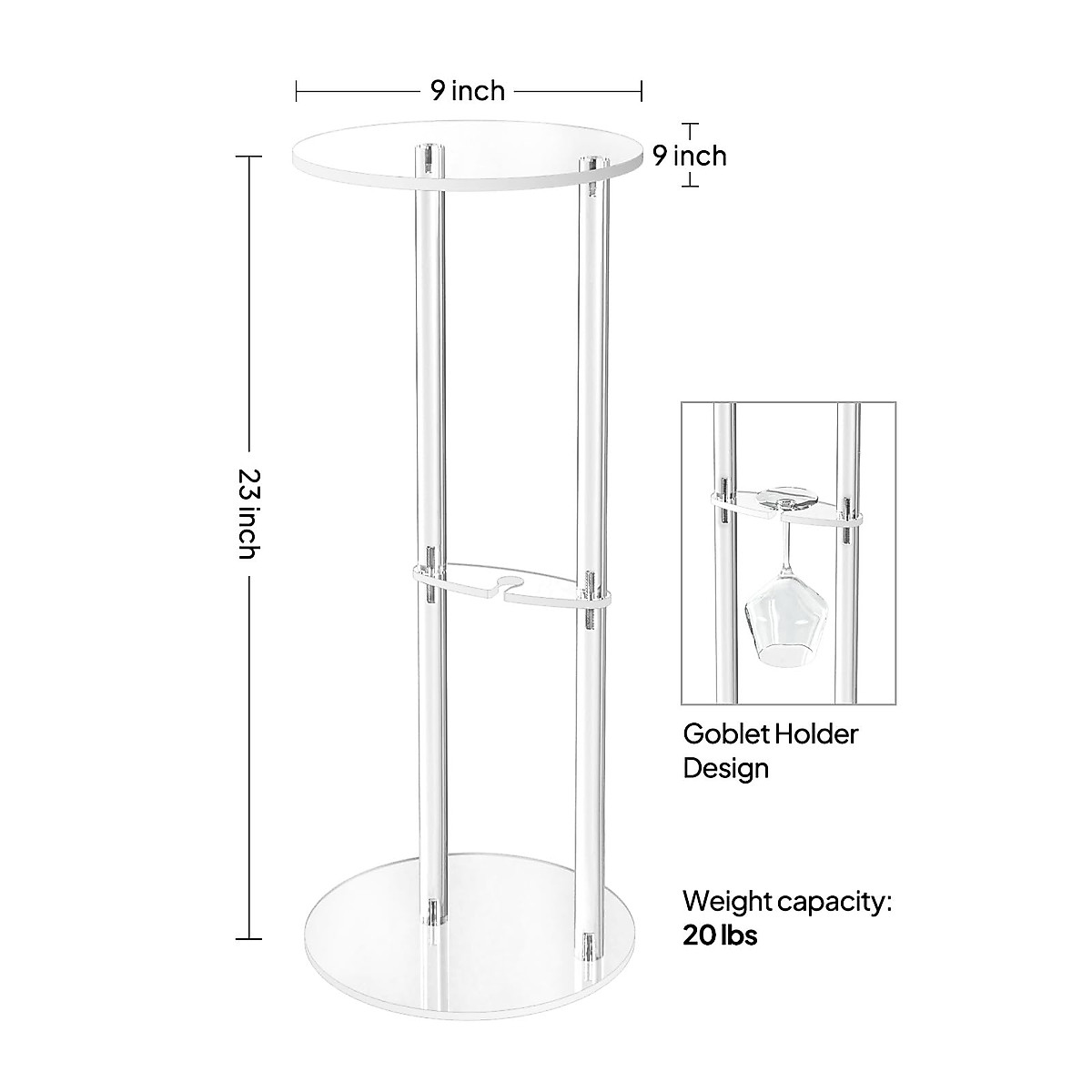 Aquiver Clear Small Acrylic Drink Table - Minimalist Martini Table with Goblet Holder - Small Round Side Table for Living Room, Bedroom, Balcony - 9'' L x 9'' W x 23'' H