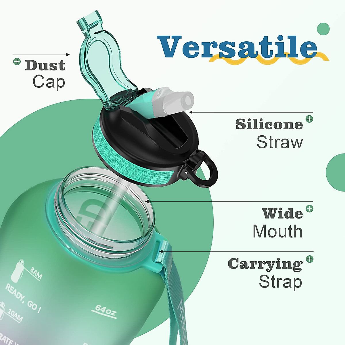 MYFOREST 64oz Water Bottle, Time Marker for Motivational Hydration, Drop-proof, BPA-free, Nozzle/Straw/Carry-Strap/Wide-Mouth for Easy Clean - 1900mL Large Sports Jug