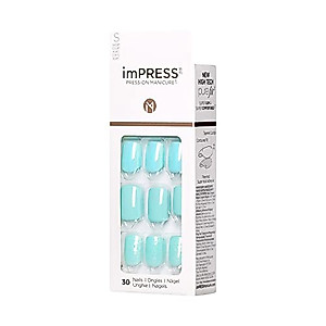 KISS imPRESS Press-On Manicure, Nail Kit, PureFit Technology, Short Press-On Nails, Rain Check', Includes Prep Pad, Mini Nail File, Cuticle Stick, and 30 Fake Nails
