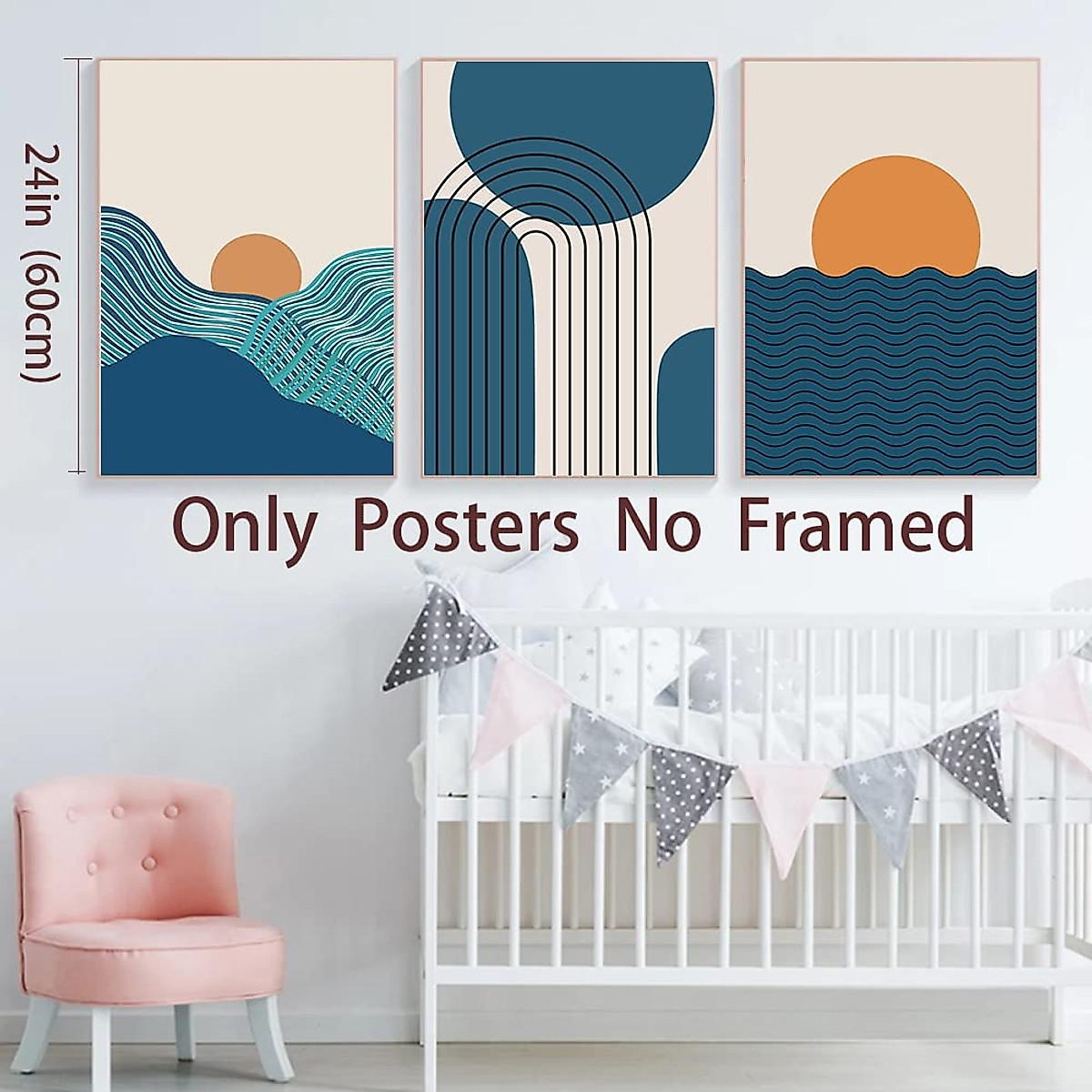 Boho Wall Art Decor Set of 3 Mid Century Blue Modern Rainbow Wall Decor 16x24in Canvas Paintings Print Minimalist Line Sun And Moon Artwork For Bedroom Living Room Nursery Aesthetic Bathroom