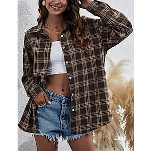 Bozanly Flannel Buffalo Plaid Shirts for Women Oversized Button Down Shacket Blouse Tops(0001-Brown-S)