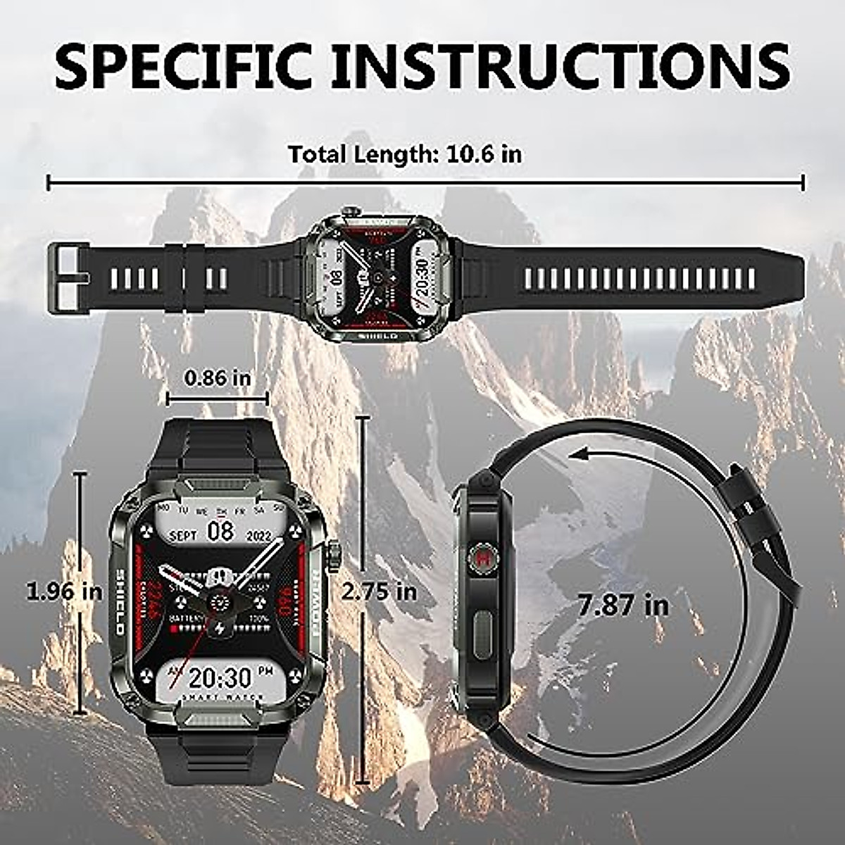 Jireausty Smart Watch for Men - 1.85“ Military Smart Watches IP68 Waterproof Smart Watches with Bluetooth Call Outdoor Tactical Sports Rugged Fitness Tracker Watch for iPhone Android