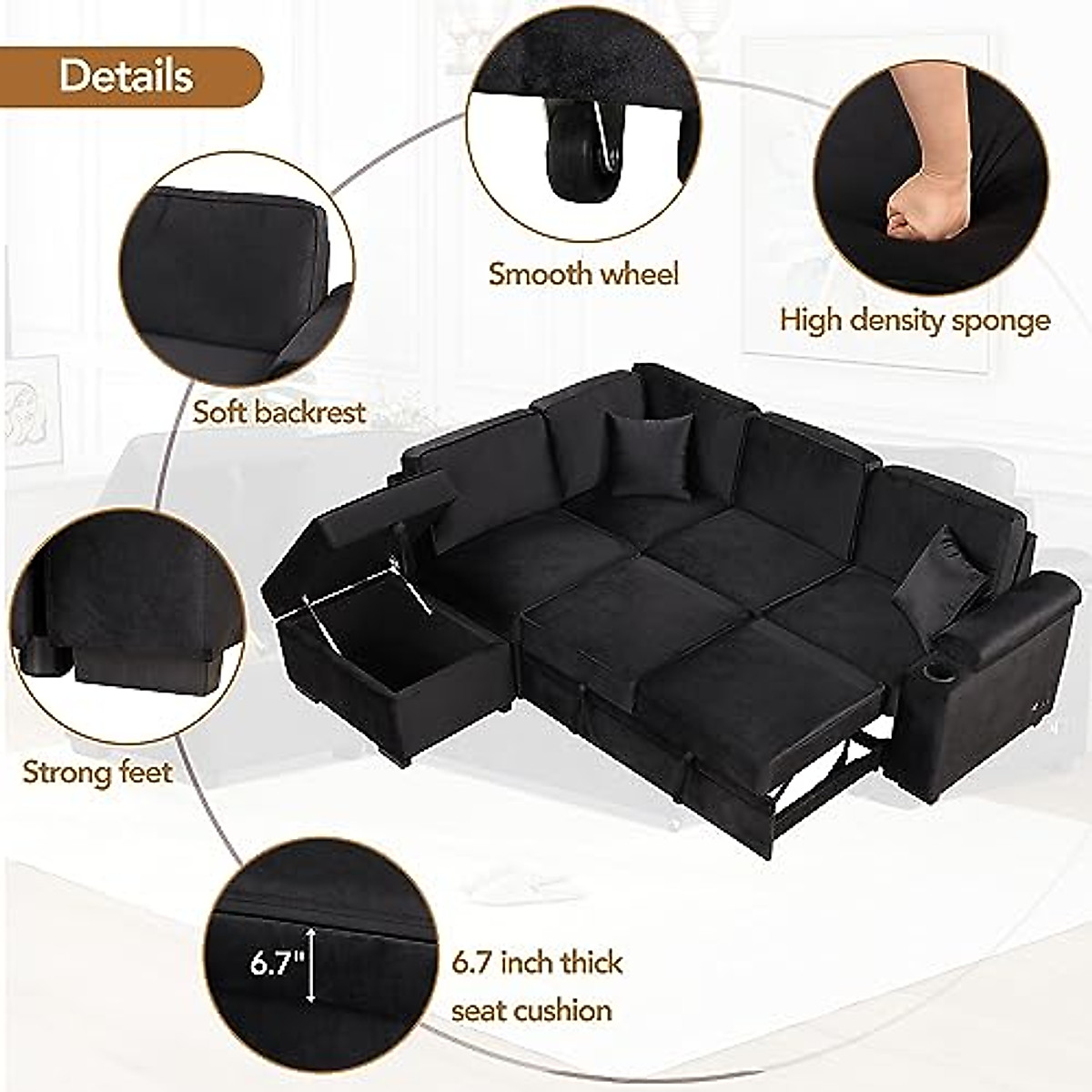 Eafurn 87.4" L Shaped Convertible Sectional Pull-Out Bed, Linen Upholstery Corner Storage Ottoman and Cup Holder & Dual USB Charge, 5 Seater Sofa & Couch for Living Room, Black w/ 2 Pillows