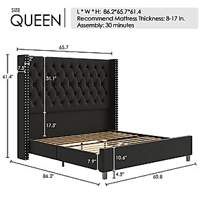 PaPaJet Queen Platform Bed Frame 61.4" Handmade Headboard Velvet Tall Upholstered Bed Deep Button Tufted/No Box Spring Required/Wood Slat Support/Easy Assembly/Black
