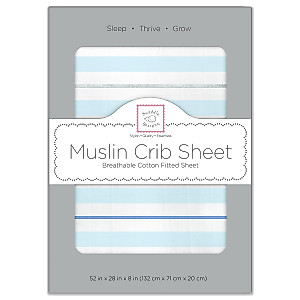 SwaddleDesigns Softest Cotton Muslin Fitted Crib Sheet/Toddler Sheet for Baby Boy & Girl, Blue 3 Color Stripe
