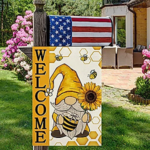 CMEGKE Gnome Welcome Garden Flag, Sunflower Garden Flag, Gnome with Sunflowers Bee Yard Flag Spring Summer Vertical Double Sided Burlap Party Holiday Yard Home Farmhouse Outside Decor 12.5 x 18 In