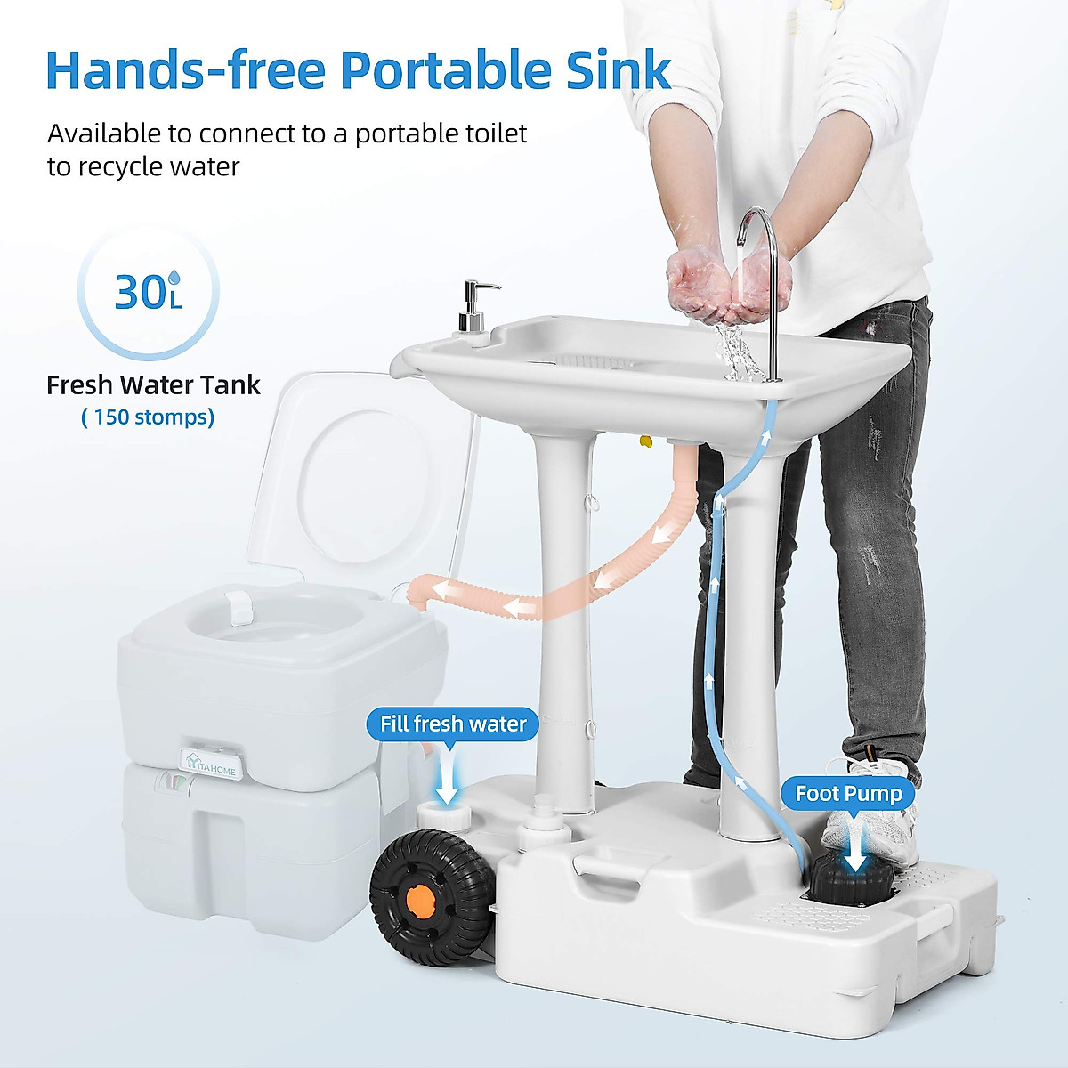 YITAHOME Portable Camping Sink with Rolling Wheels, Hand Washing Station with 30 L Water Capacity, Soap Dispenser, Towel Holder, Ideal for Outdoor, Travel, Boat, Gather, Wedding, Worksite, White