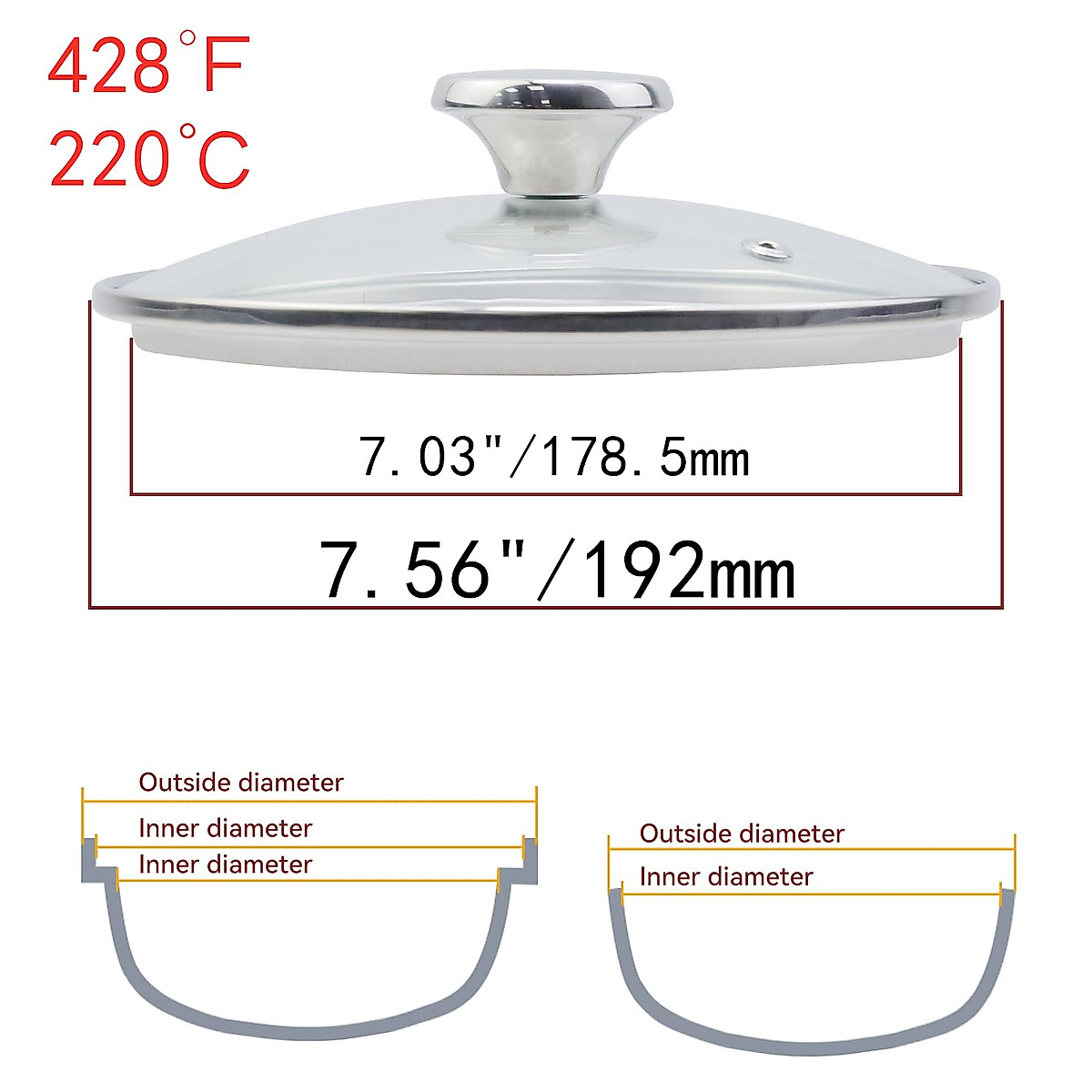 Tsnamay 7 Inch Clear Glass Pot Lid for Frying Pan Replacement Cover Can Withstand 428°F (220℃) with Stainless Steel Knobs,Round Knobs Polished Silver