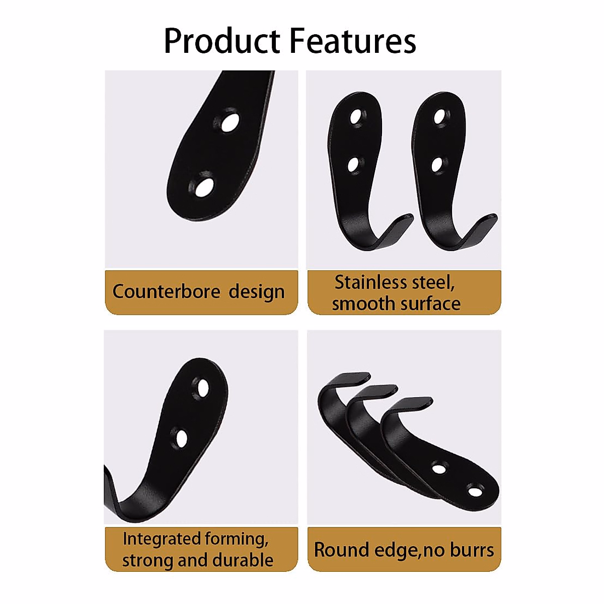 AUXBC J-Shaped Clothes Hook Wall Mounted Hooks Stainless Steel Utility Hooks Coat Hook Single Prong Robe Hooks Hanger for Hanging Coat Clothes Hat Bag Purse Towel with Screws, Black/12Pcs