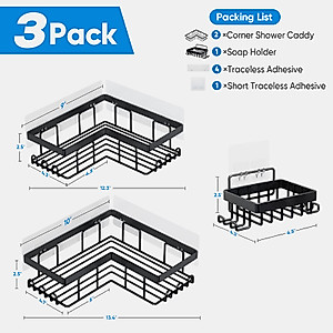 FORWOS Corner Shower Caddy 3 Pack, Rustproof Stainless Steel Bathroom Organizer and Storage, No Drilling Shower Shelf Inside Shower, Adhesive Shower Shelf for Home, Bathroom, Kitchen (Black)