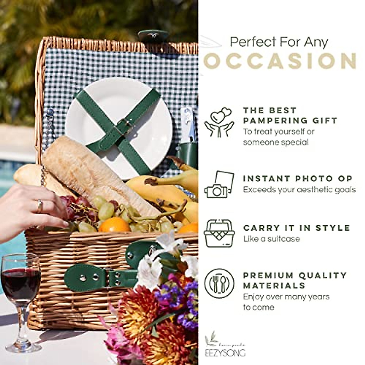 Handmade Wicker Picnic Basket for 2 with Insulated Cooler, Ceramic Plates, Utensils & Wine Glasses - Perfect Picnic Set for Camping, Outdoors, Photoshoot, or a Birthday, Valentine’s Day, Wedding Gift