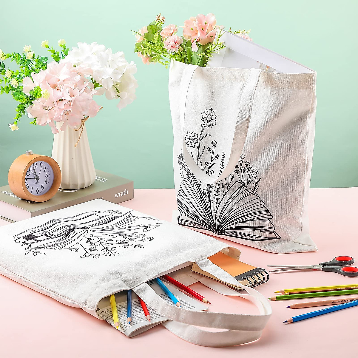 Sweetude 6 Pcs Canvas Aesthetic Tote Bag for Women Wildflower Book Tote Bag Bulk Shopping Bags School Shoulder Bag Reusable Grocery Bags Women's Tote Handbags