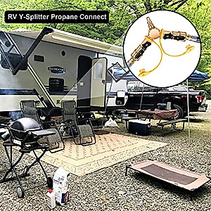 1/4" RV Propane Quick Connect Y Splitter Adapter for RV Trailer and Camping Propane Hose to Motorhome Tabletop Grill 2 Way LPG 1/4 inch Quick Connect or Disconnect Kit Shutoff Valve & Full Flow Plug