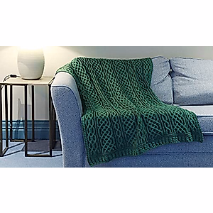 Carraig Donn Irish Cable Knit Blanket Celtic Aran Throw - 100% Merino Wool Made in Ireland - 40"x 55" (102 x 140 cm)(Kiwi/Connemara Green)
