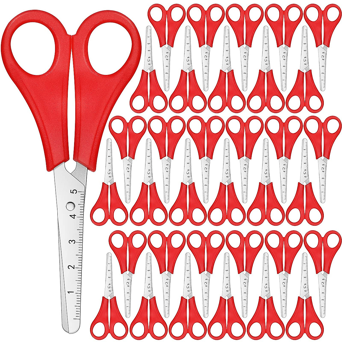 50 Pack Kids Scissors 5 Inch Blunt Tip Safety Scissors Stainless Steel Paper Scissors with Comfort Grip Handles and Scale for Students Craft (Red)