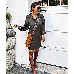 BTFBM Women Casual V Neck Knit Mini Fall Sweater Dresses Long Sleeve Loose Fit Solid Color Ribbed Pullover Jumper Sweaters(Solid Army Green, Large)