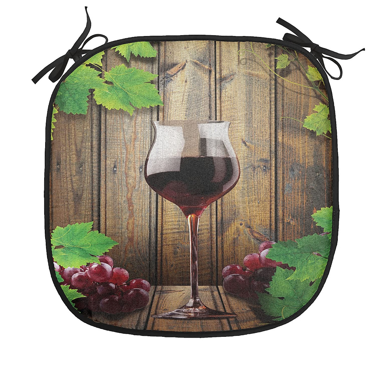 Lunarable Winery Chair Cushion Pads Set of 4, Wine Glasses and Grapes Rustic Wood Planks Alcoholic Drink Gourmet Taste, Anti-Slip Seat Padding for Kitchen & Patio, 16"x16", Brown Green Burgundy