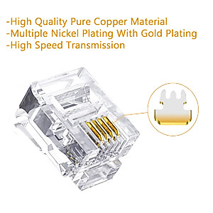 Hetjosee RJ11 Connectors 25 Pack 6P4C Plug Telephone Modular Plug Phone Jack Adapter Crimp End Telephone Cord Connector