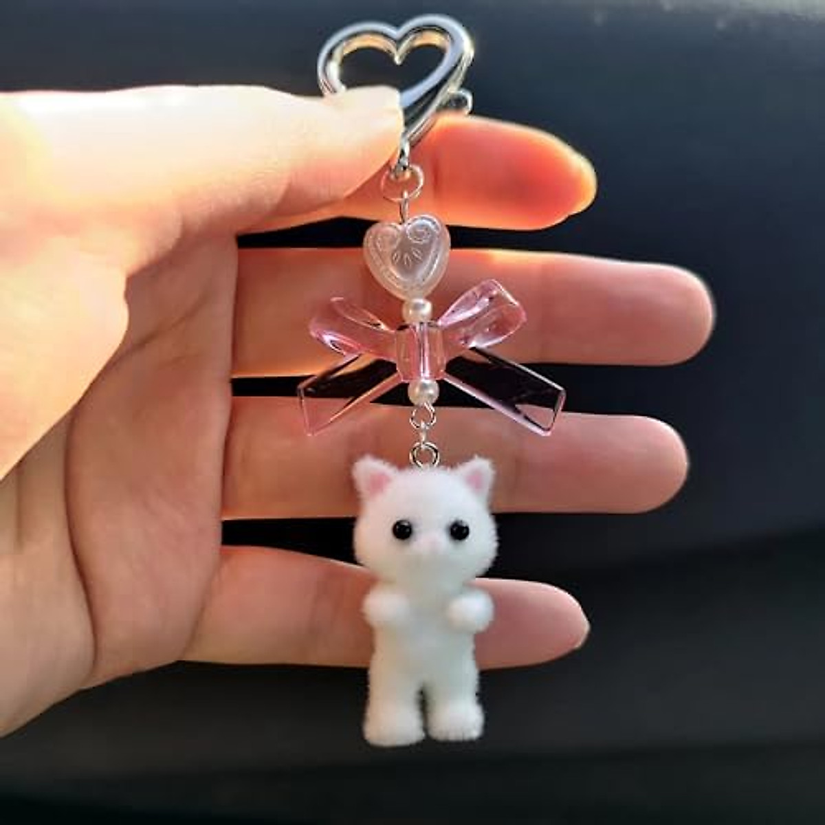 Agromusk Cute Cat Keychain,Fuzzy Kitty Cat Decor Gifts for Cat Lovers Girlfriend Y2K Heart Bow Ornament Pendent Women Girls Kawaii Cat Charms for Bags Backpack Wallet